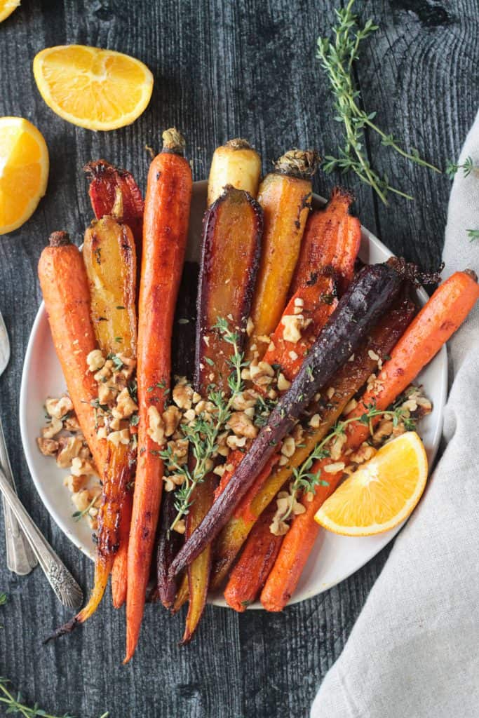 Oven Roasted Rainbow Carrots with Orange and Thyme ~ Veggie Inspired