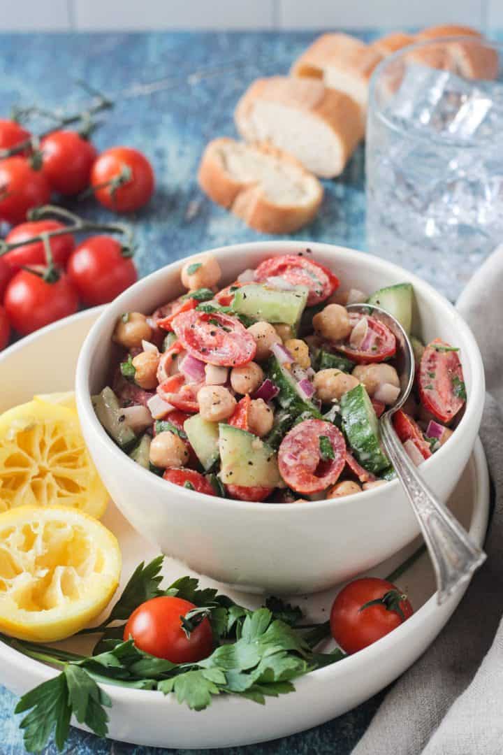 Cucumber Chickpea Salad with Balsamic Tahini Dressing