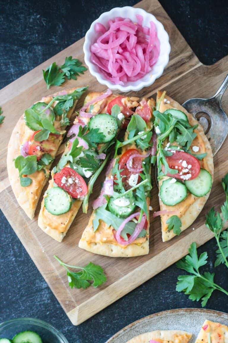 Mediterranean Hummus Veggie Flatbread (with Store-Bought Flatbread) - Veggie Inspired